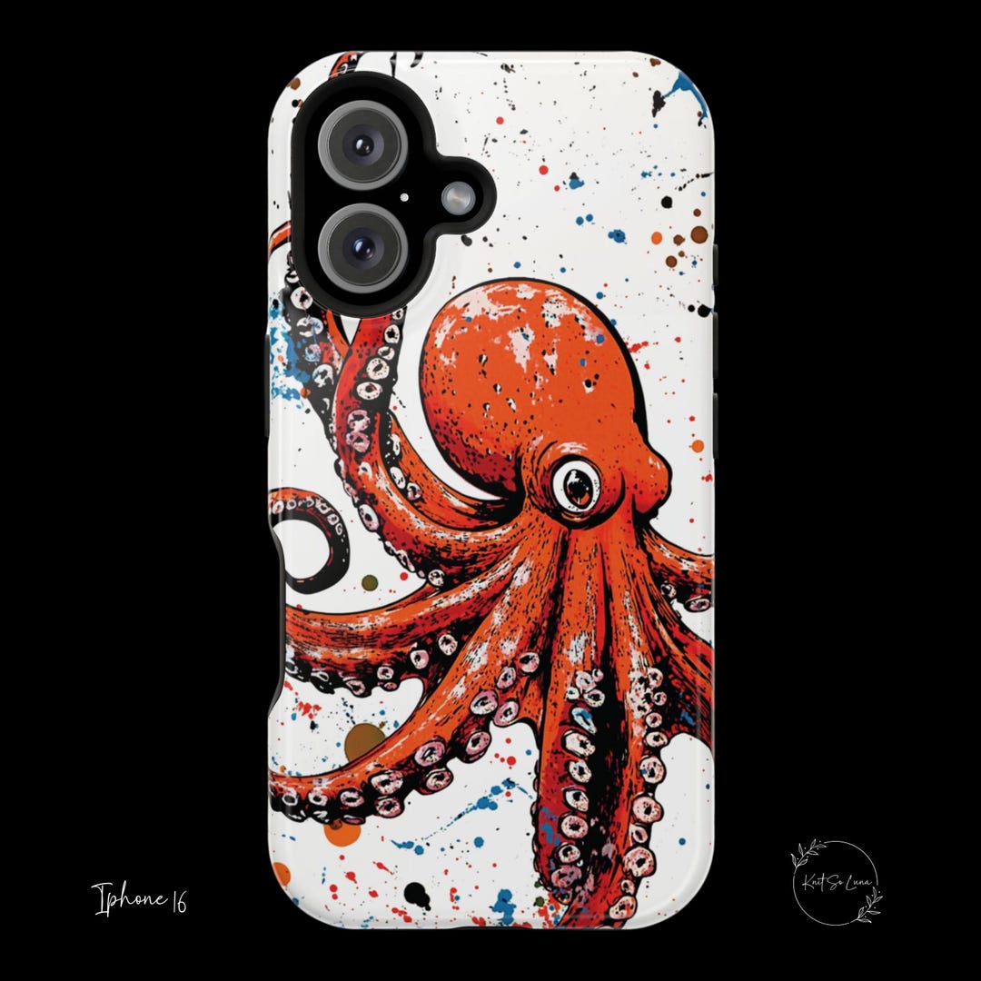 Retro Red Octopus With Paint Splash Art Phone Case, New iPhone 16 ...