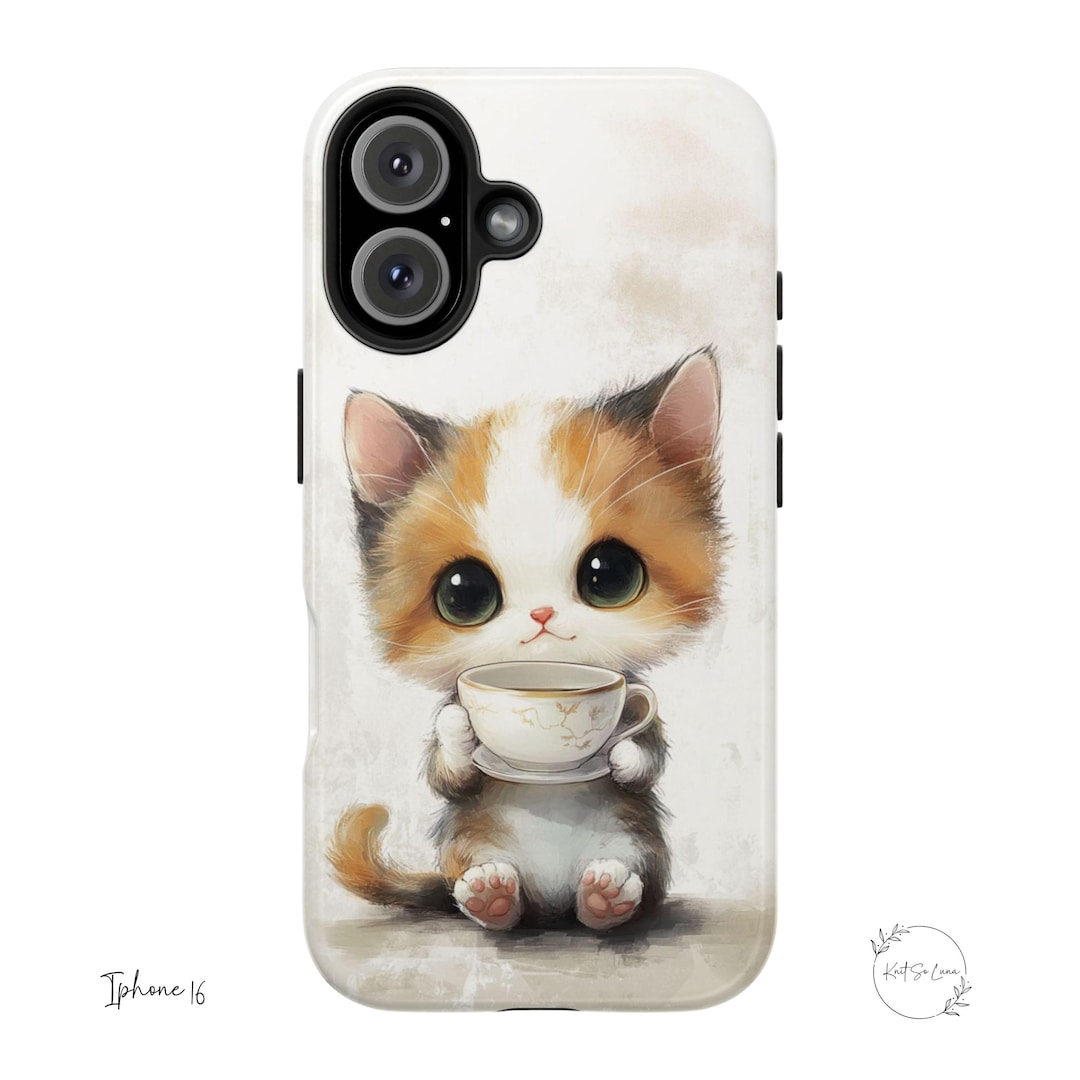 Adorable Chibi Lucky Calico Cat With Tea Cup, Cute Cat Phone Case, Cat ...