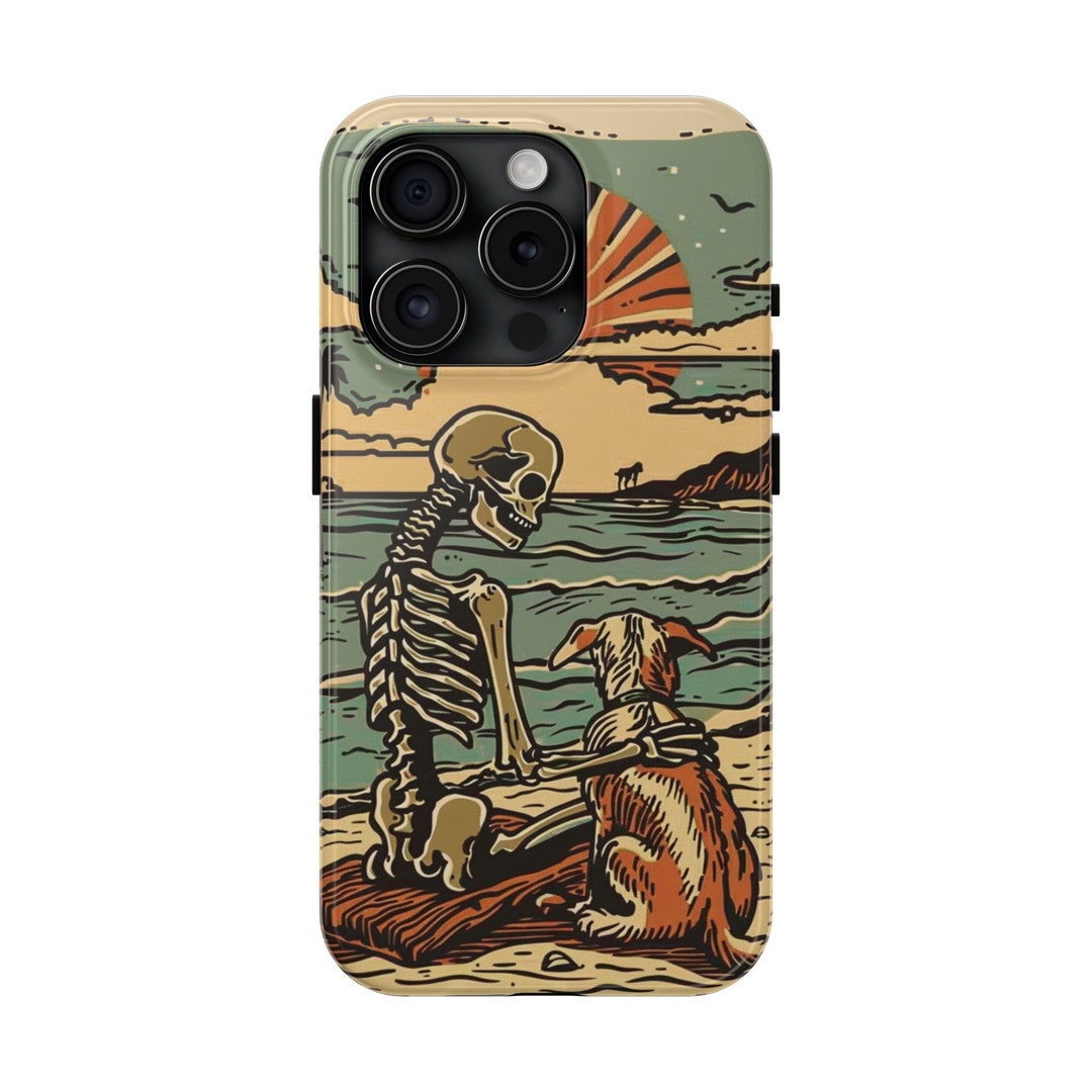 Vintage Skeleton and Dog Enjoying Sunset on Beach, Eternal Friendship ...