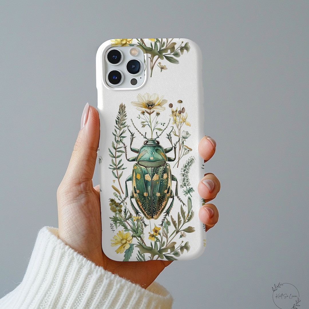 Vintage Floral Botanical Green Bug Phone Case, Green Beetle Phone Case ...