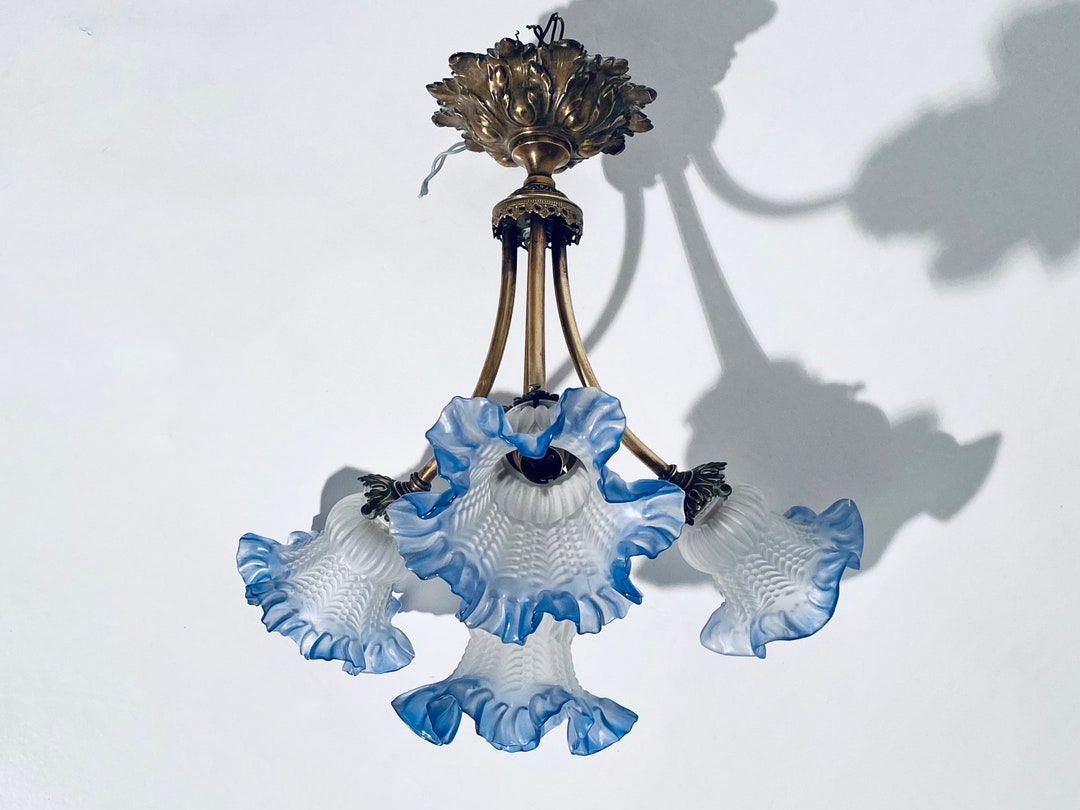 Antique Art Nouveau Ceiling Lamp Blue Flower Lamp Hanging Shade / 1900s ...