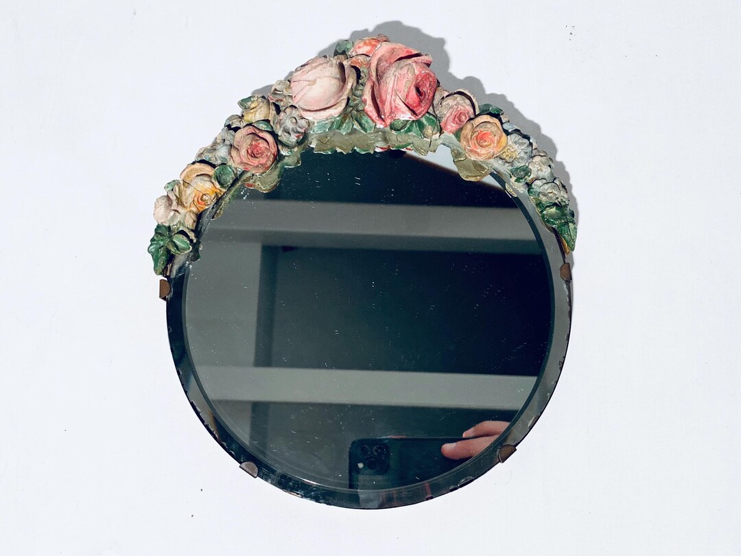 Small Round English Barbola Wall Mirror With Flower Motif Handpainted ...
