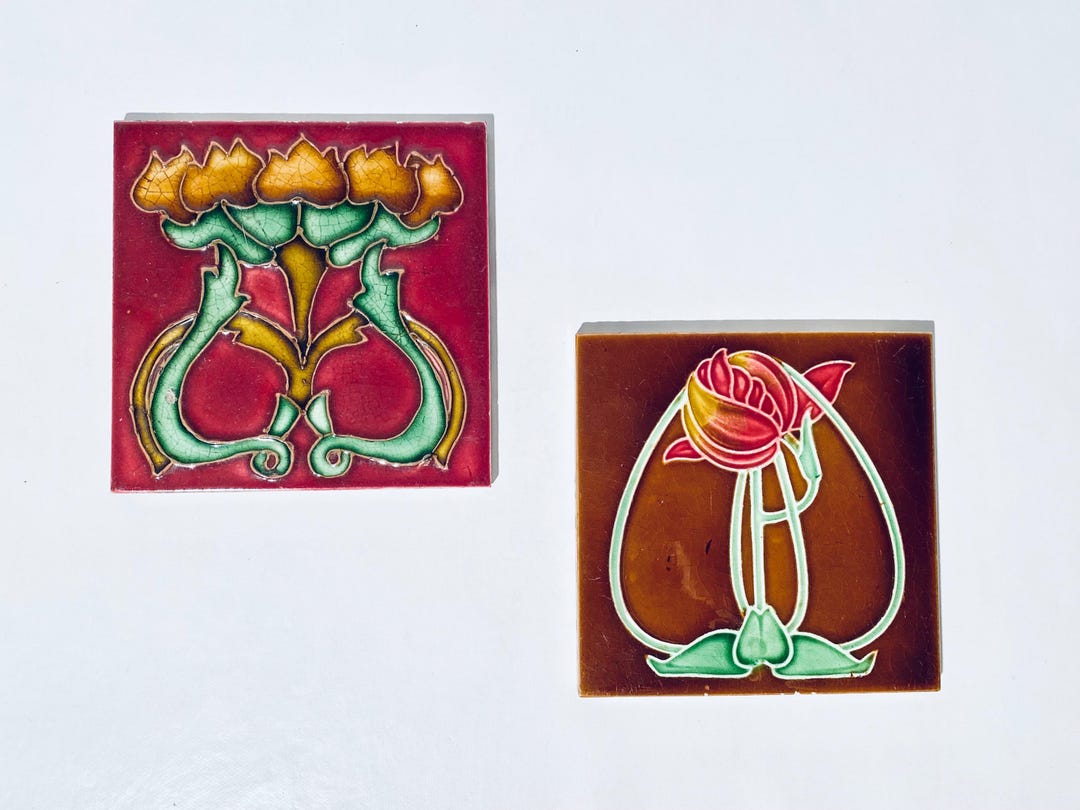 Two Antique Art Nouveau George Logan Ceramic Rectangular Wall Tiles ...