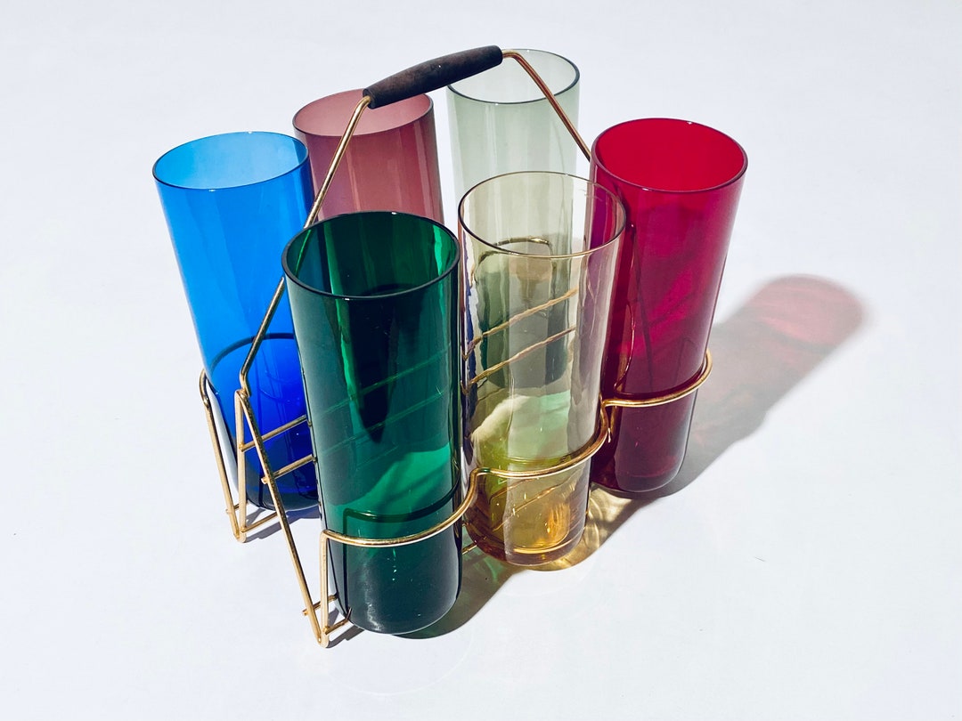 6 Multicoloured Long Glasses Set With Brass Holding Tray / 50s Mid ...
