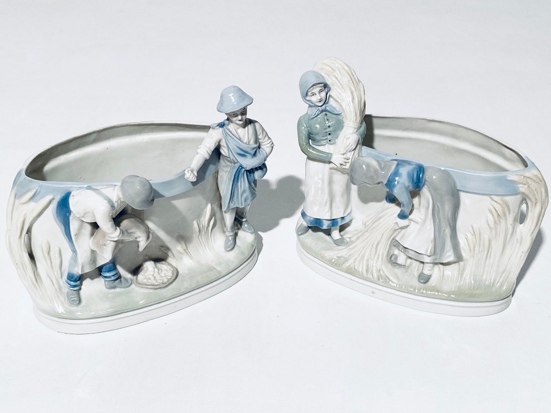 Two Porcelain Planters With Farm Workers Figure Motifs / Vintage Decor ...