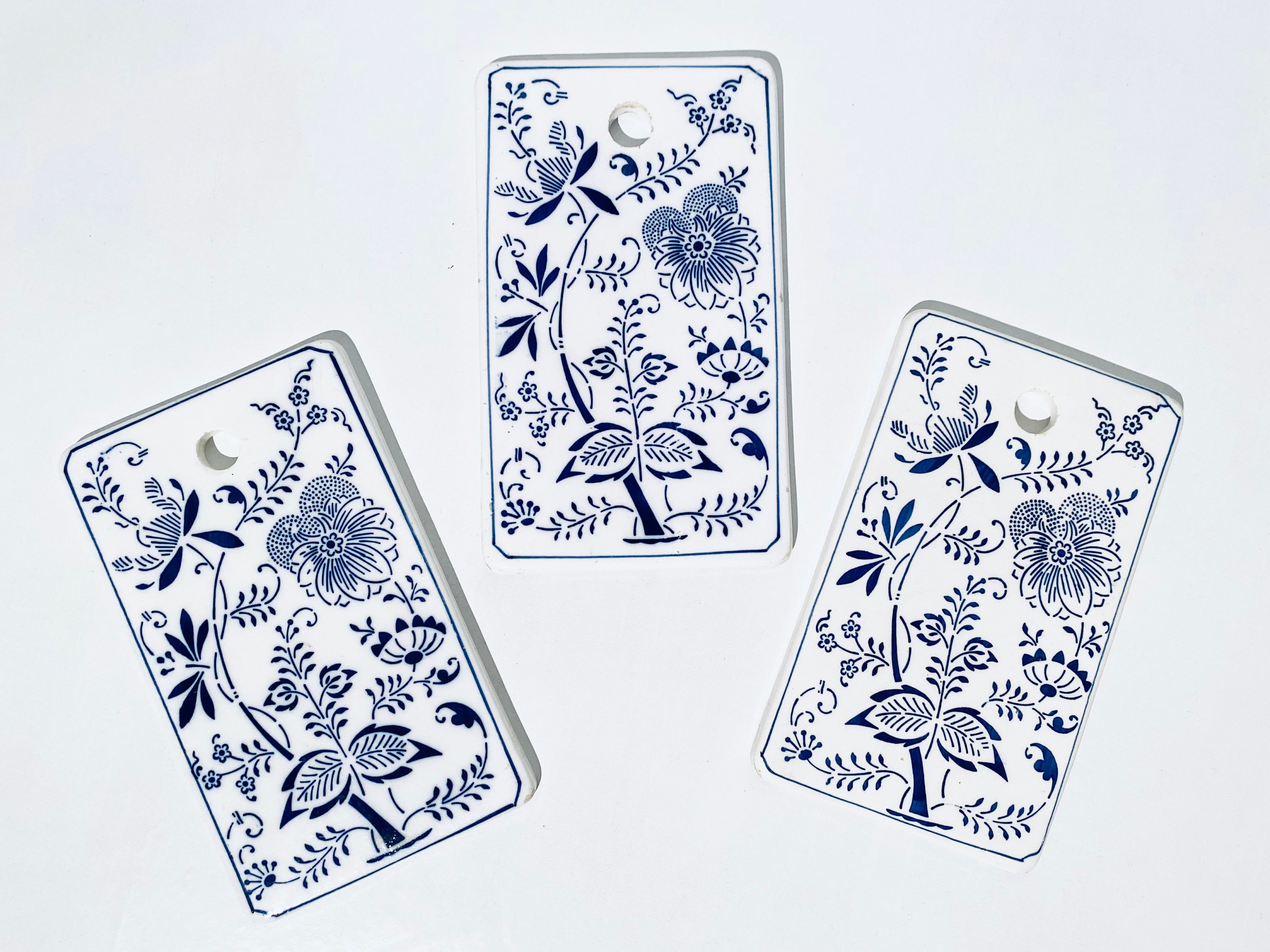 Three White & Blue Ceramic Tile Pot Set With Floral Motif / - Etsy