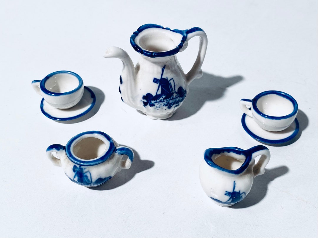 Tiny Delft Miniature Porcelain Tea Set With Windmill Motif / 60s ...