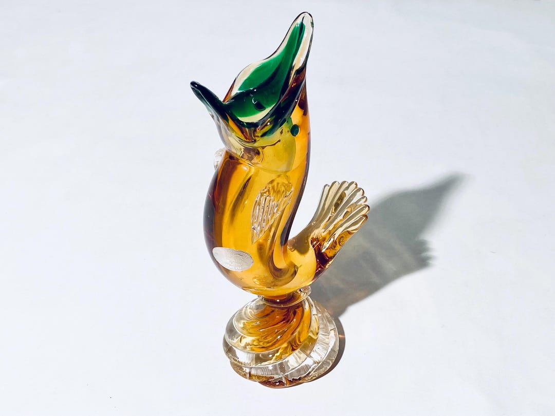 Vintage Murano Fish Glass Vase / 1960s 1970s Orange Green Yellow Art ...