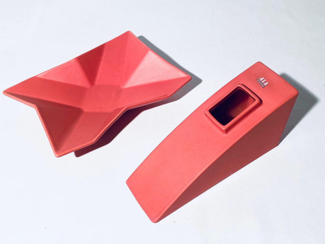 1980s Asa Ceramic Set Triangular Vase and Geometric Bowl Peach Red ...