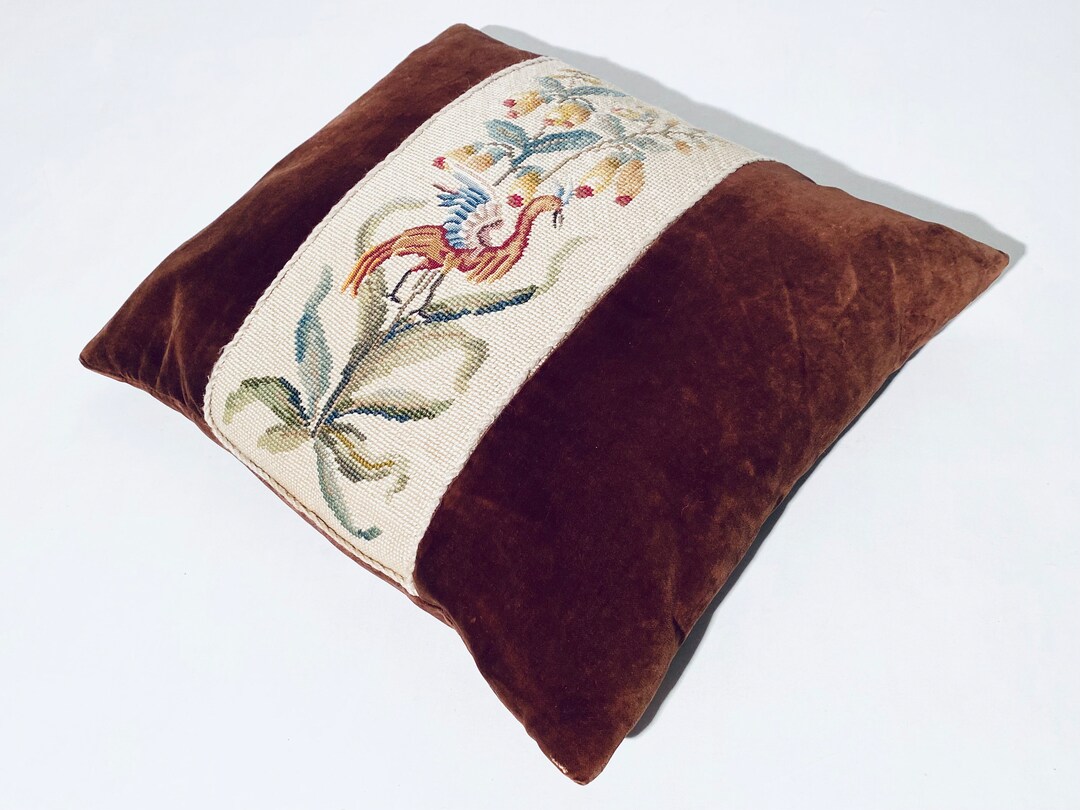 Vintage Brown Velvet Embroidered Cushion / Peacock in Nature Handmade ...