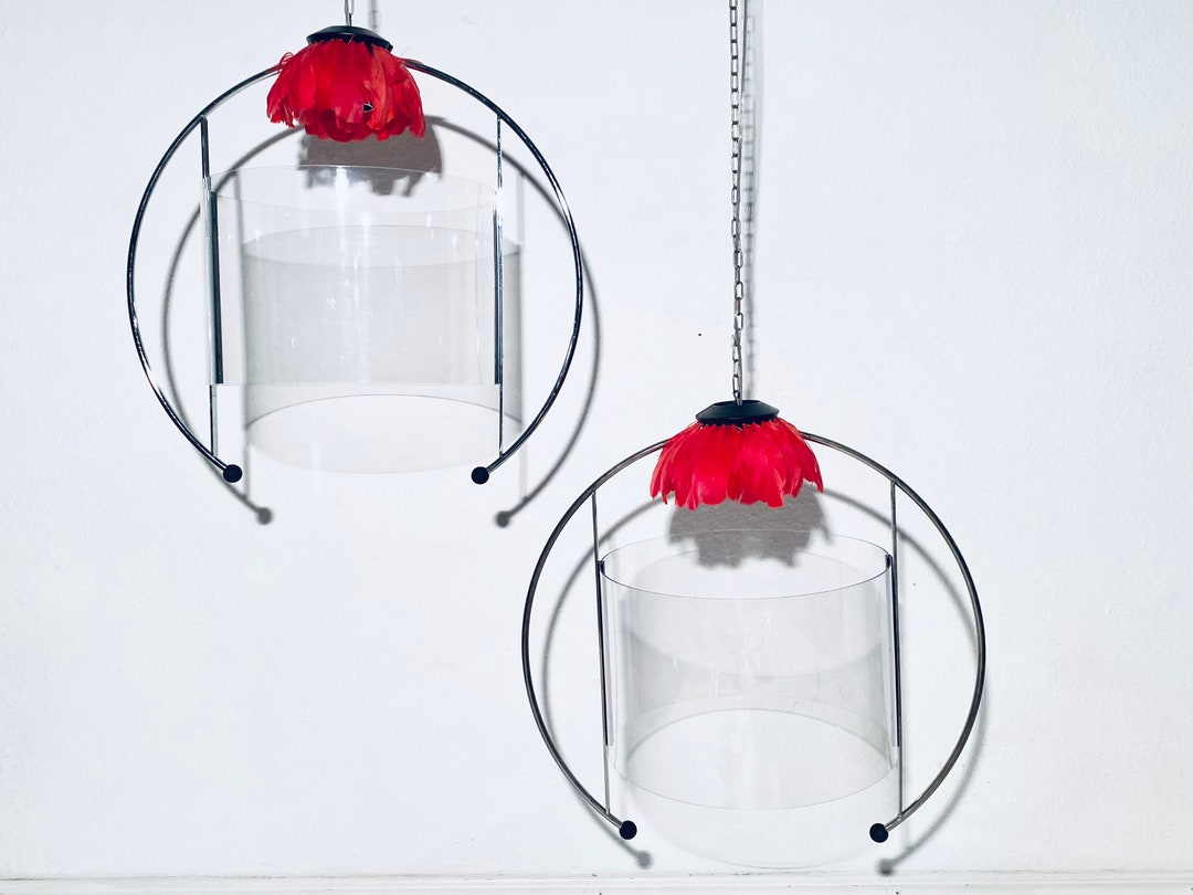 Two Extravagant 1970s/80s Hanging Lamps / Plexiglass With Feathers ...
