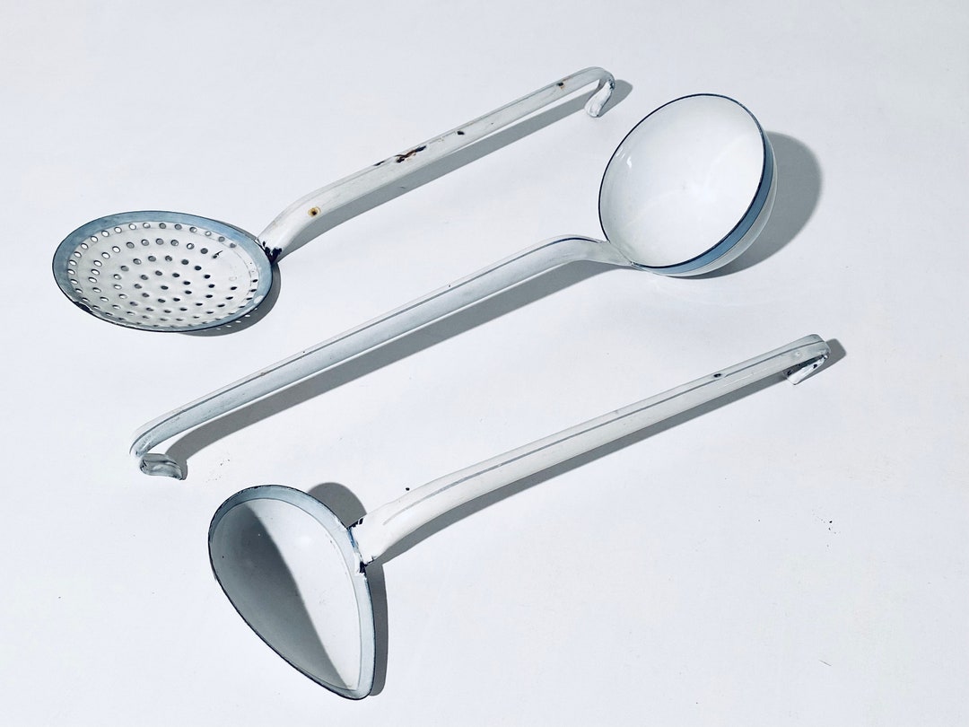 Three Vintage Enamel Cooking Utensils Set Decoration Blue & White ...