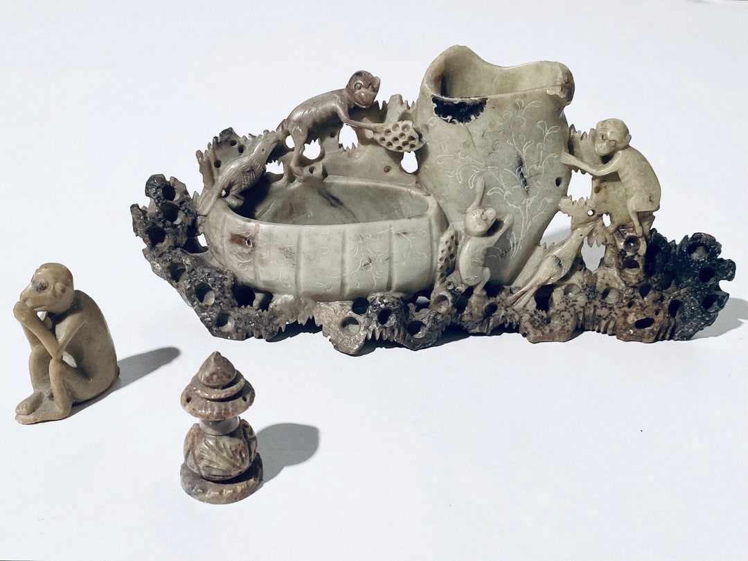 Chinese Soapstone Carving Monkeys Vase Ornament / Vintage Asian Decor ...