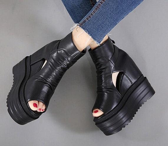 Black Wedge Booties Open Toe