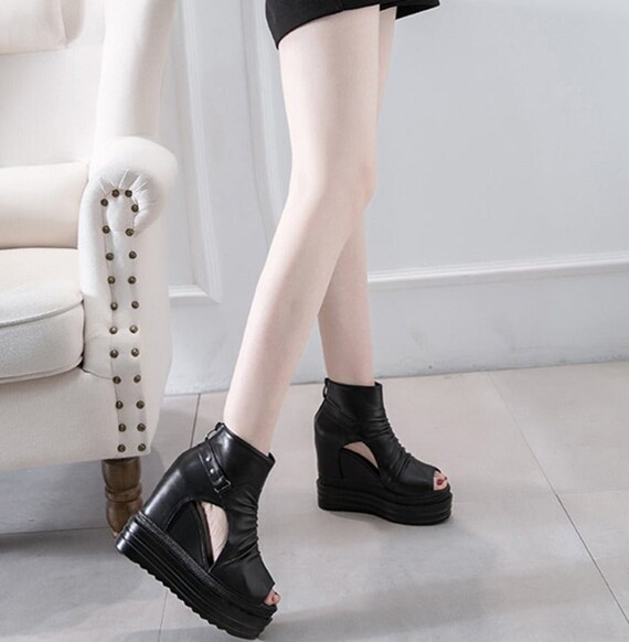 Black Wedge Booties Open Toe