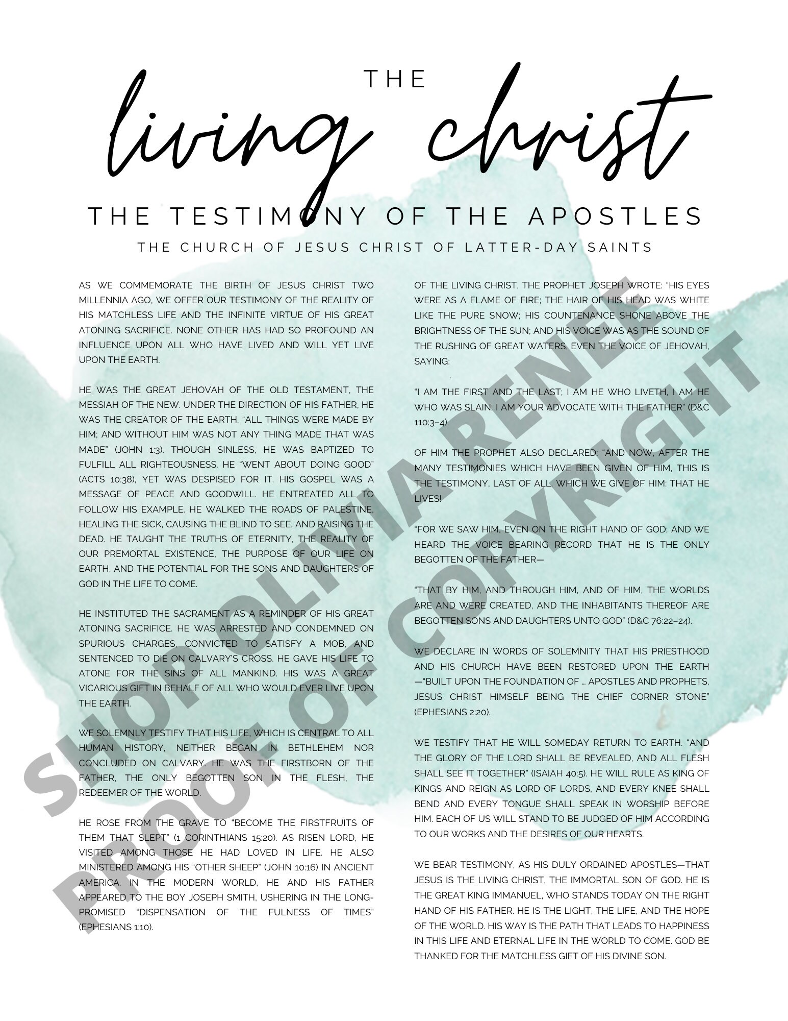 LDS Cursive Watercolor Bundle, Instant Download | the Living Christ ...