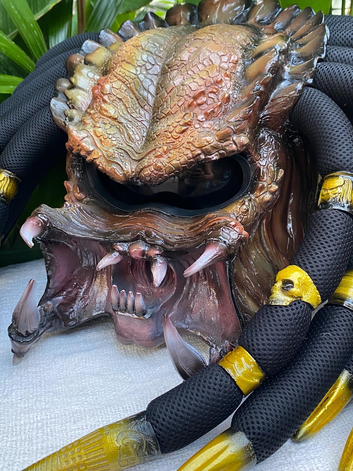 Golden Brown Custom Predator Motorcycle Helmet With Dreads and Fangs - Etsy