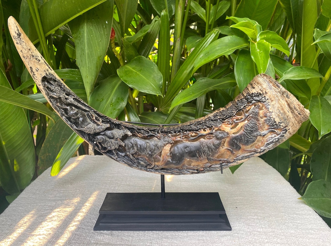 Moose Horn, Carved Buffalo Horn, Animal Statue Moose Carving, Bone ...