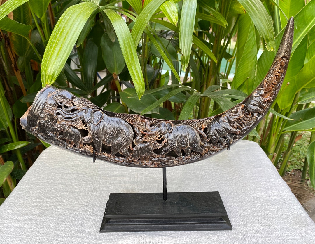 Elephant Horn, Carved Buffalo Horn, Animal Statue, Elephant Collectives ...