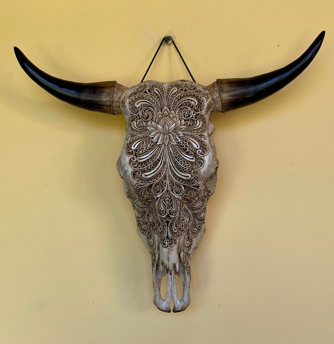 Cow Skull, Cattle Skull, Carved Cow Skull, Horns Filigree Decor Bali ...