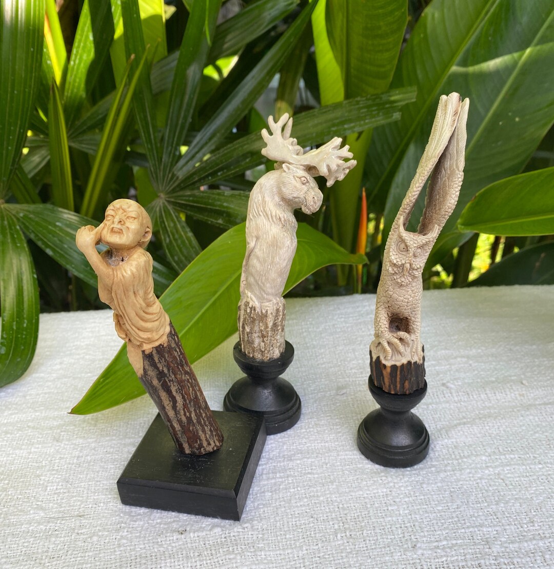 Carved Antler Knife Handle, Indonesian Moose Handle Set of 3, Owl ...