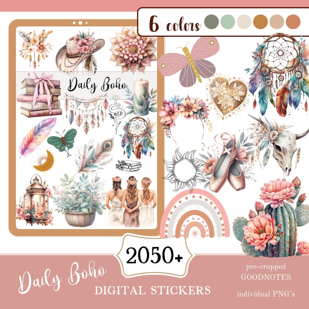 Boho Digital Stickers | Goodnotes Planner, Journal (PNG, PDF) - Etsy
