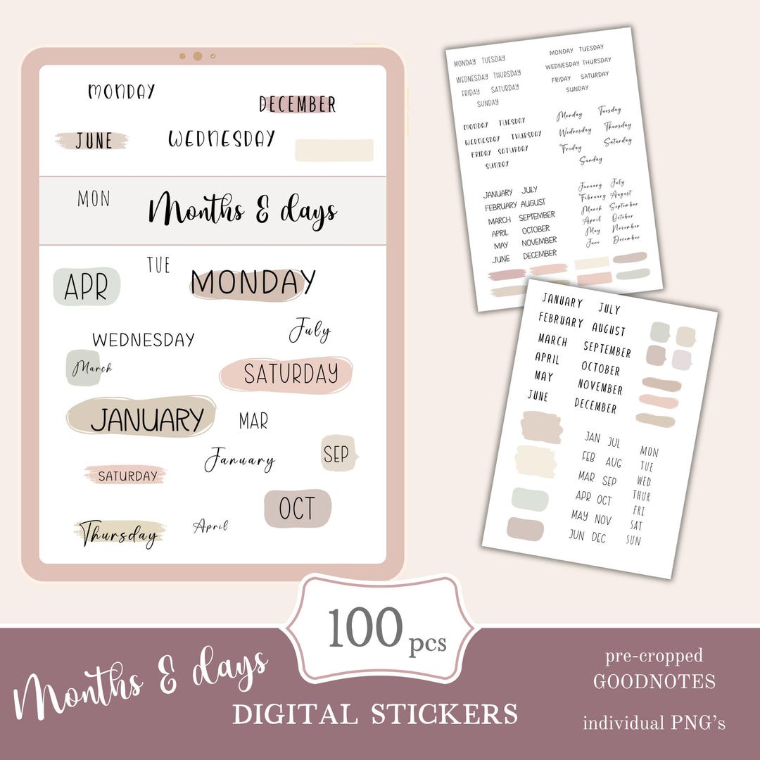 Months and Days Goodnotes Stickers | Cute Digital Sticker Pack ...