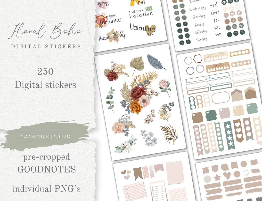 Floral Boho Goodnotes Stickers | Floral Cute Digital Sticker Pack ...