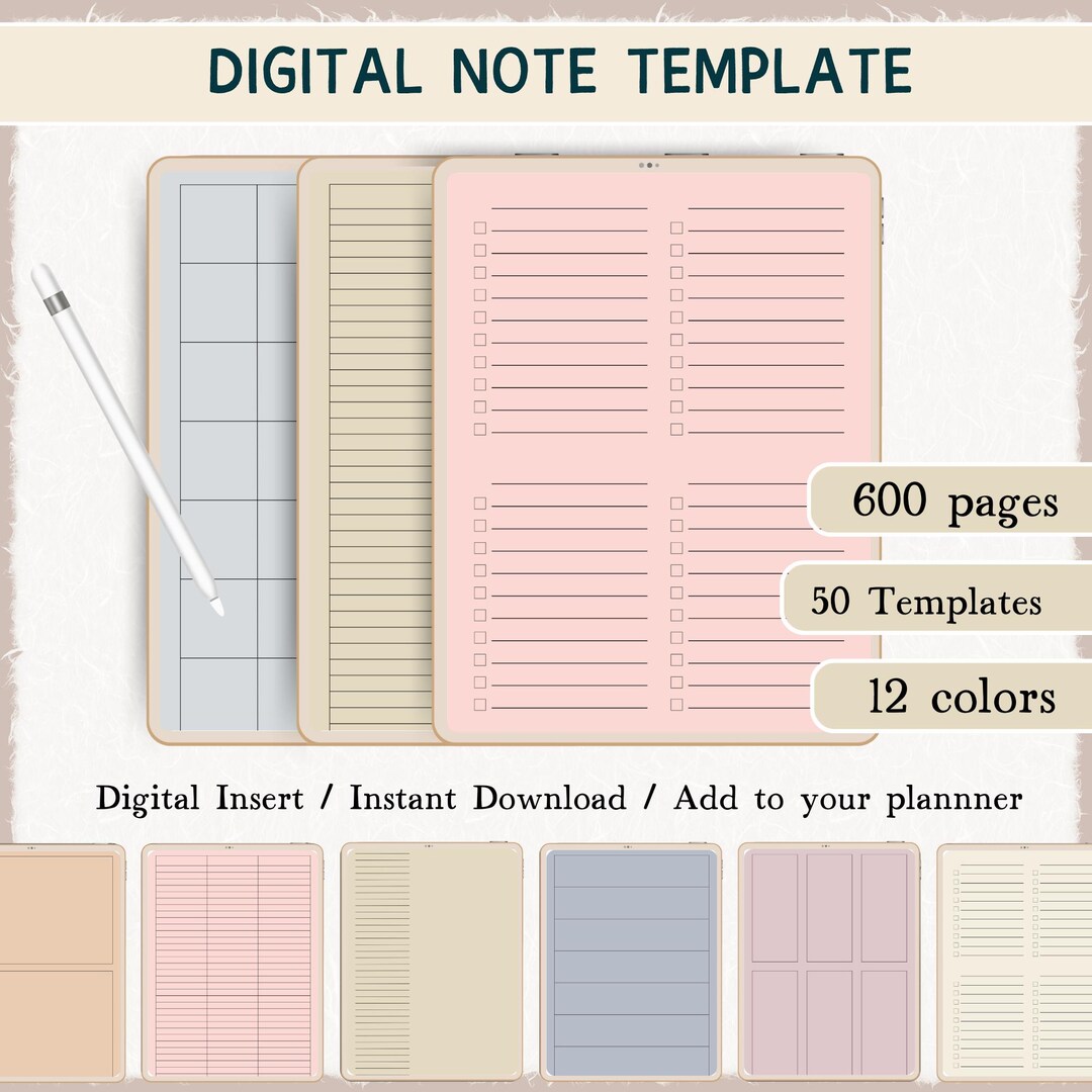 Digital Notebook Templates: 50 Note Papers, 12 Colors (PDF) - Etsy