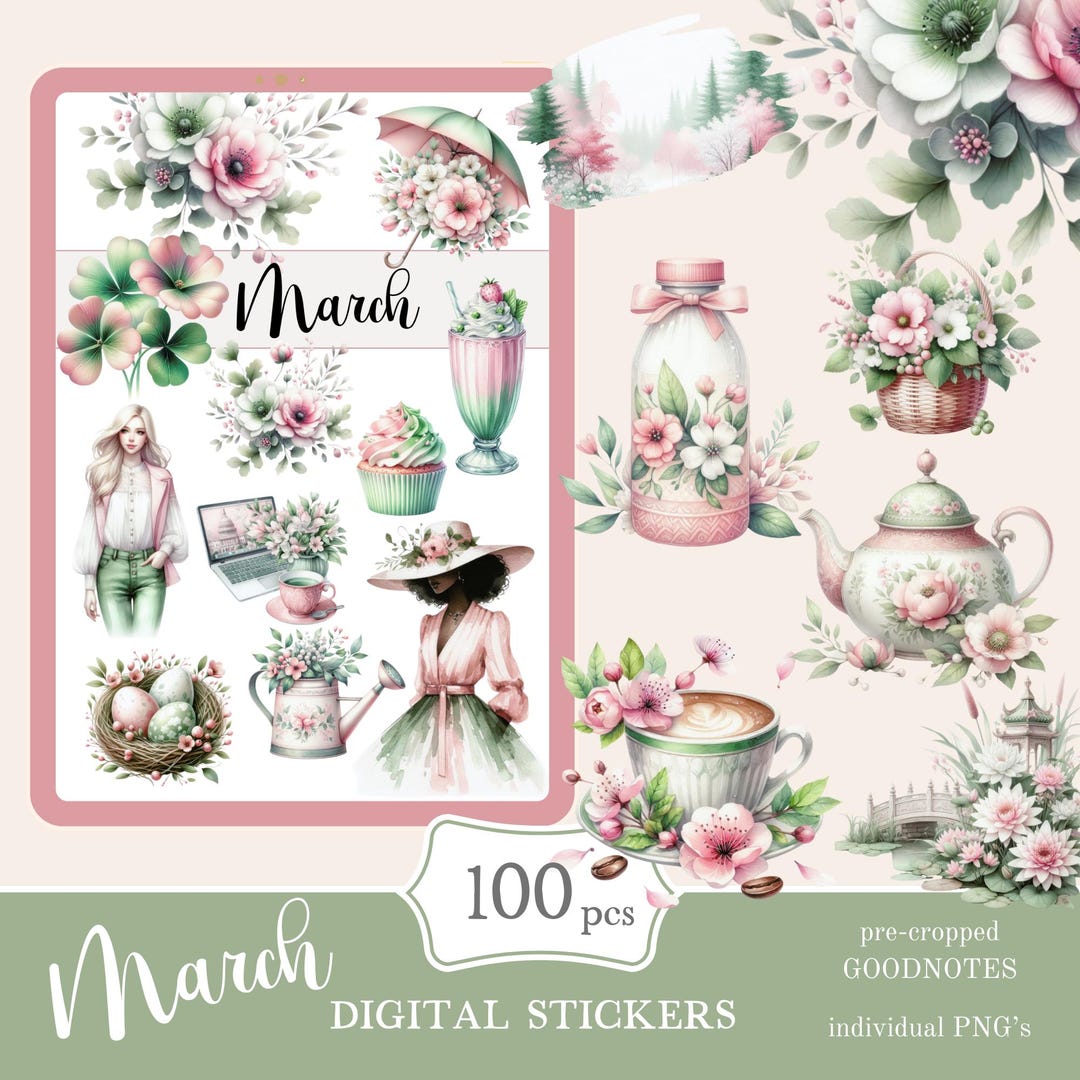 March Month Goodnotes Stickers | Cute Digital Sticker Pack | Spring ...