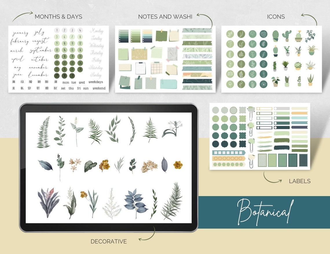 Botanical-cottagecore Goodnotes Digital Sticker Set - Etsy