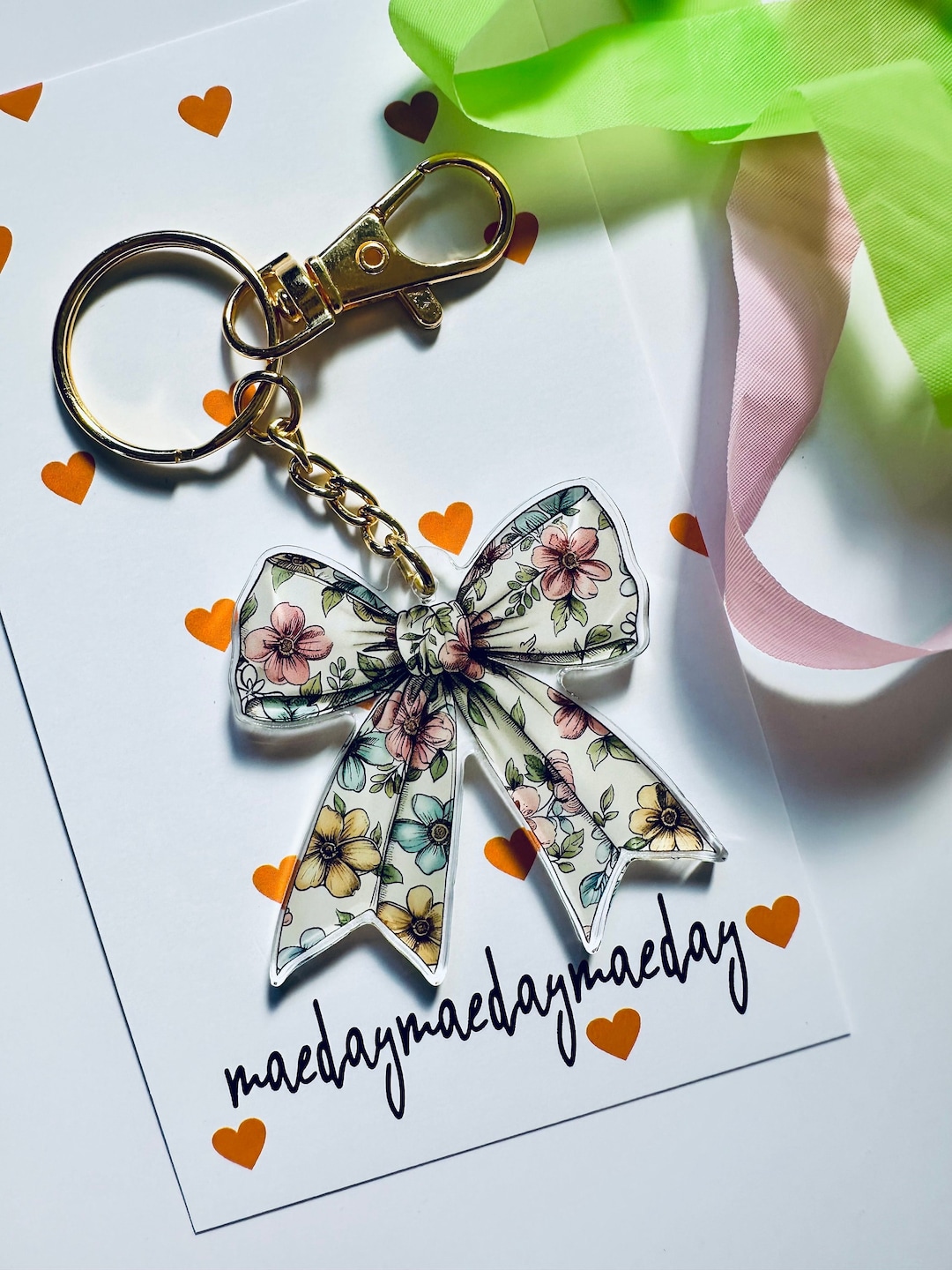 Floral, Coquette Bow Acrylic Keychain, Floral Ribbon and Bows, Dainty ...