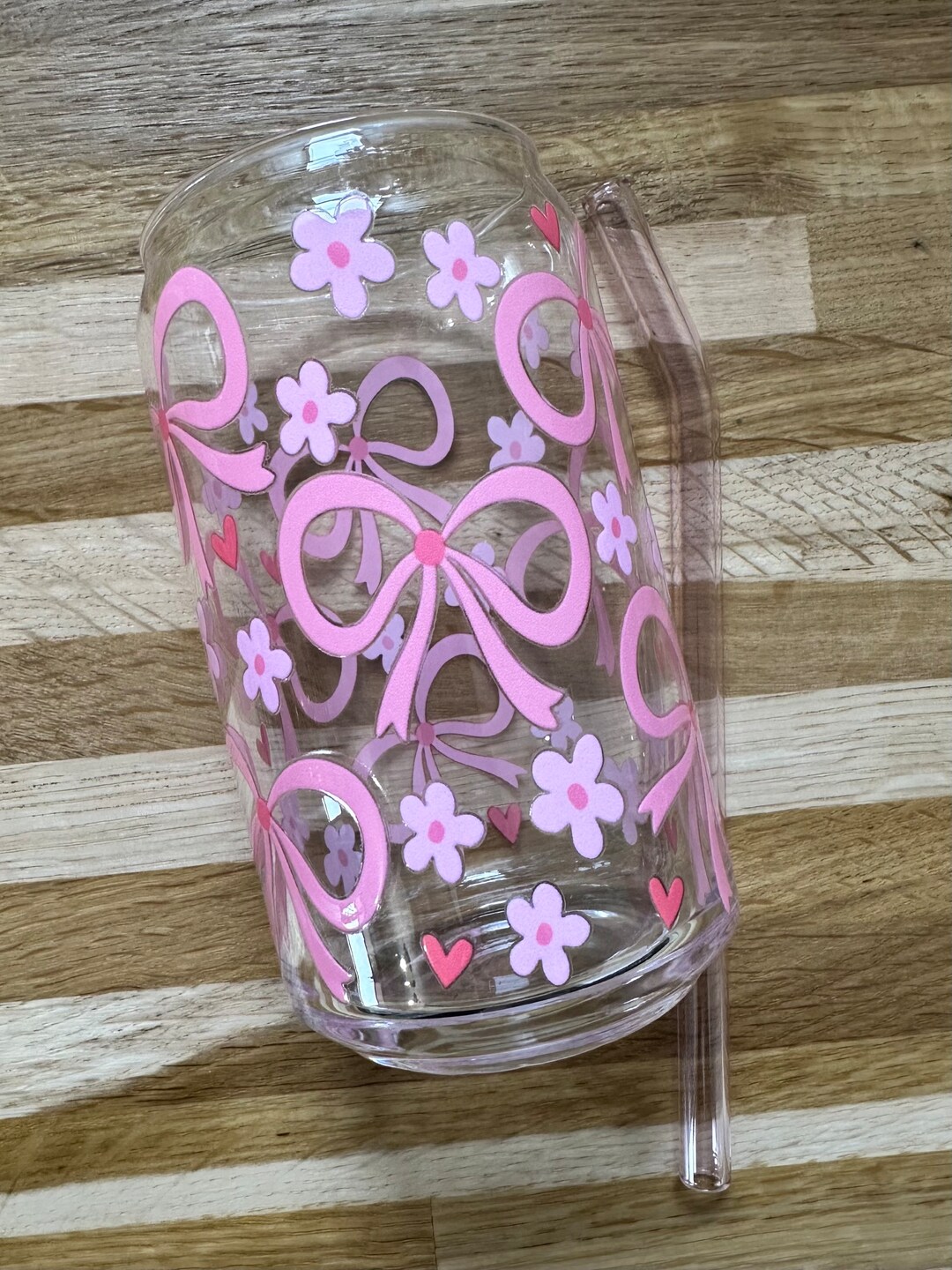 Pink, Girly Croquette Bows and Flower Glass Can, Dainty, Country Themed ...