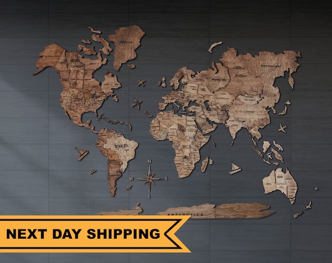 3D Wood World Map Wall Art, Modern Home Living Room Decor, Push Pin Map ...