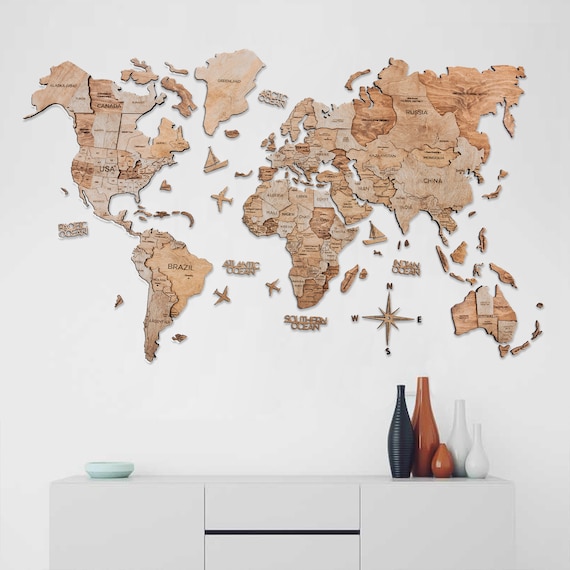 Wood World Map 3D Classic Stylish Wood Wall Art Countries | Etsy