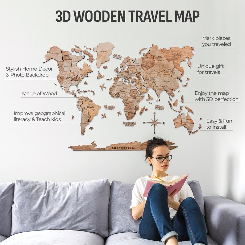 Push Pin World Map Classic Stylish 3D Wood Wall Art Wood Map - Etsy