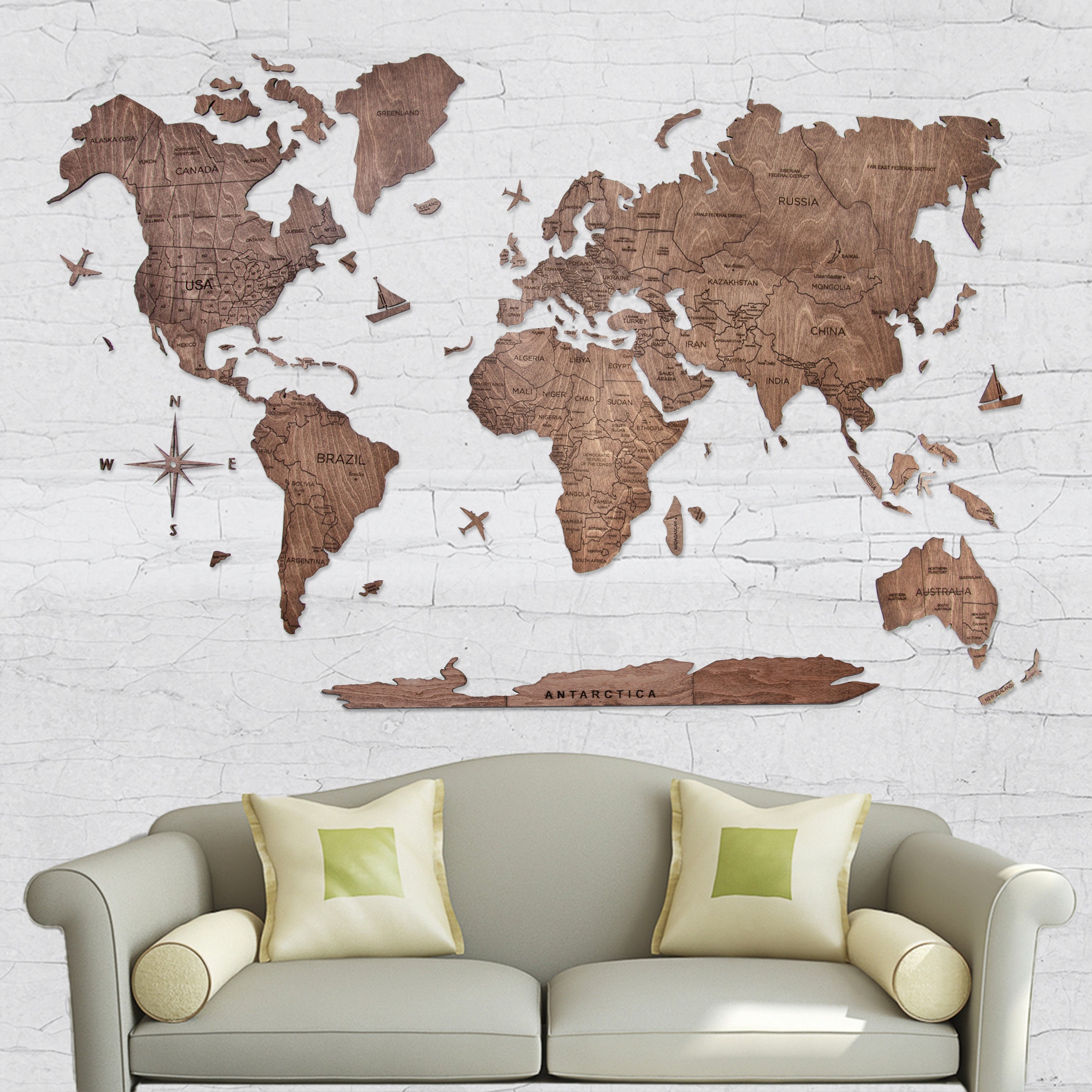 Wall Décor 2D World Map Birch Wood Large Wall Decoration Traveler ...