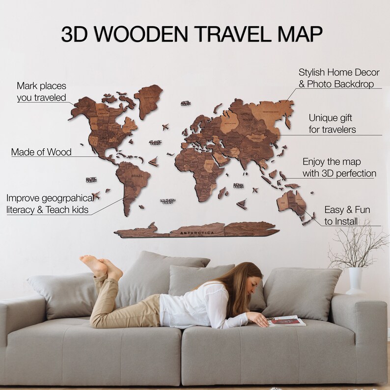 Push Pin World Map Classic Stylish 3D Wood Wall Art Wood Map Engrave ...