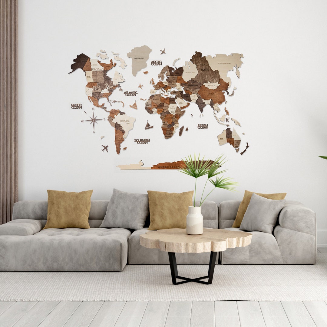 World Map Wall Art 3D Wood Classic Wall Art, Office Decor Wood World ...