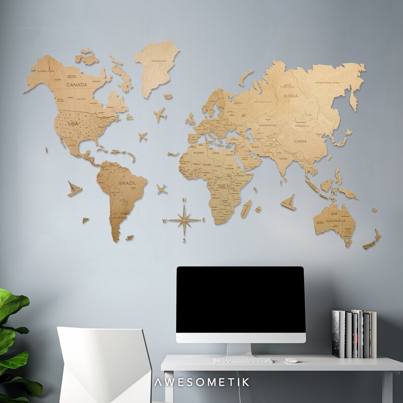 Wall Décor 2D World Map Birch Wood Large Wall Decoration Traveler Explorer Marker Home Office ...