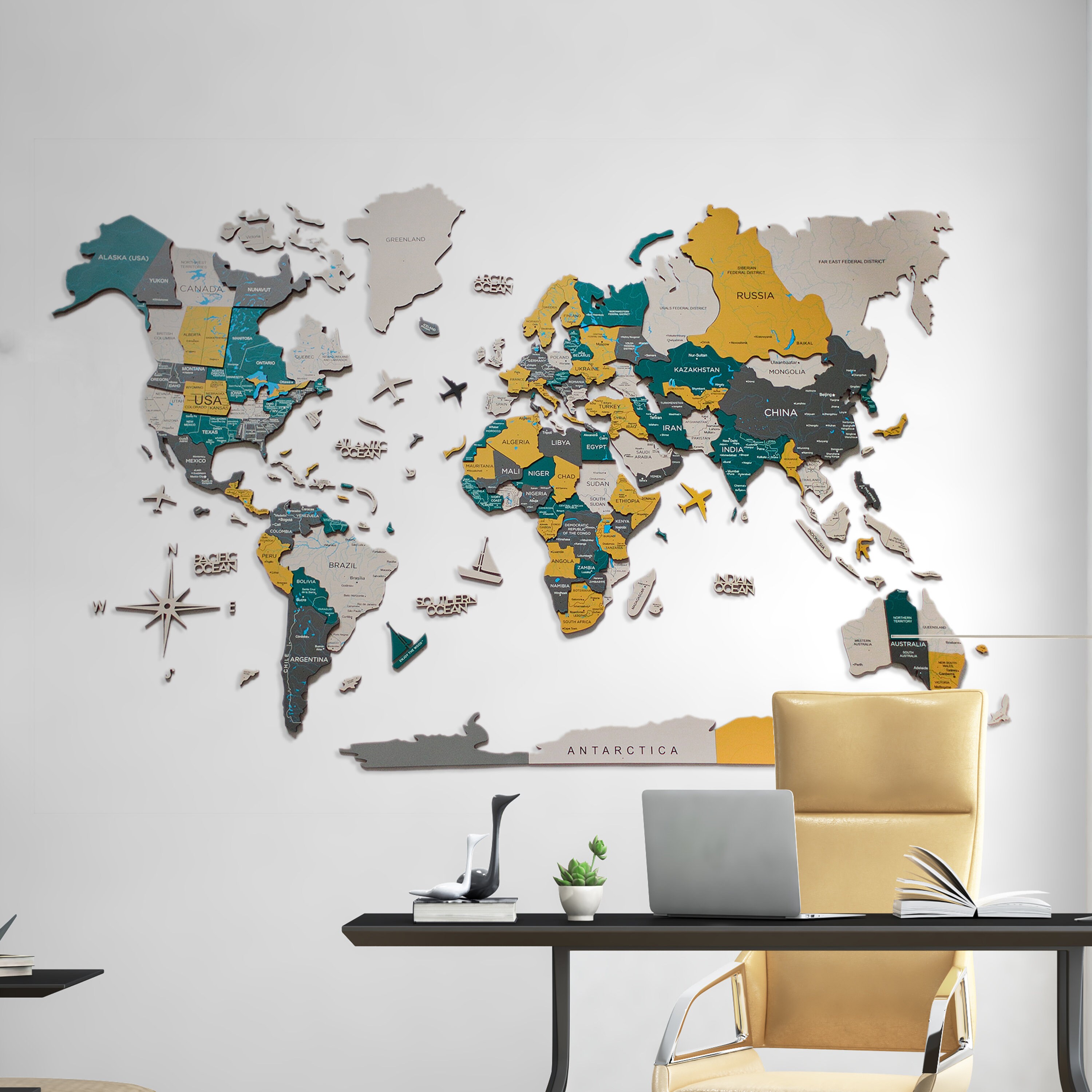 BIG DETAILED MAP 3D Wood World Map Interactive Wall Art With - Etsy