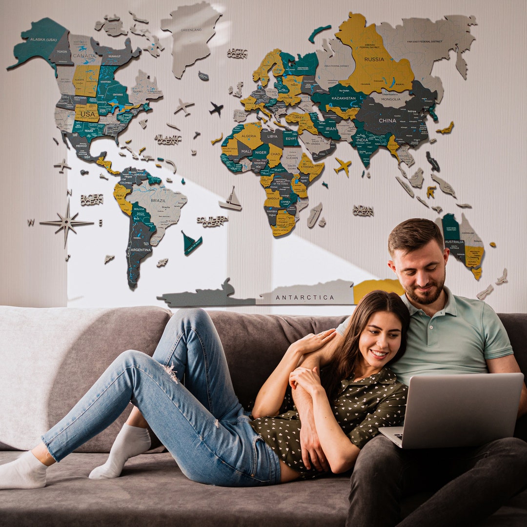 Wood World Map 3D Wall Art Travel Map Weltkarte Holz Wall Decor Home ...