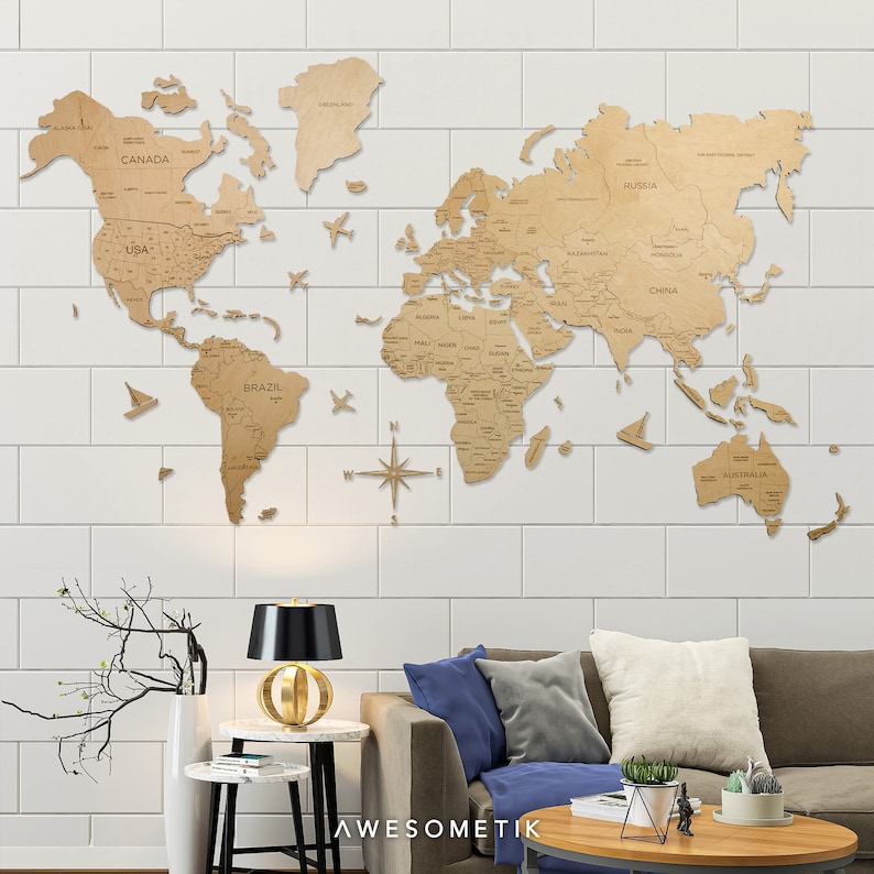 Wall Décor 2D World Map Birch Wood Large Wall Decoration Traveler Explorer Marker Home Office ...