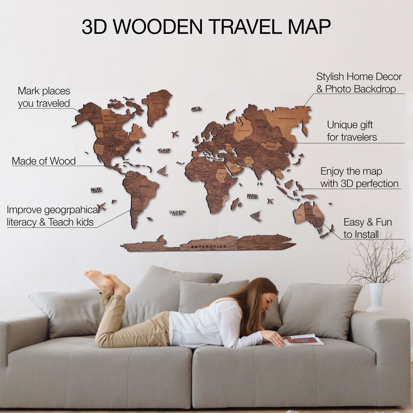 3D Wood World Map Wall Art Modern Home Living Room Decor - Etsy