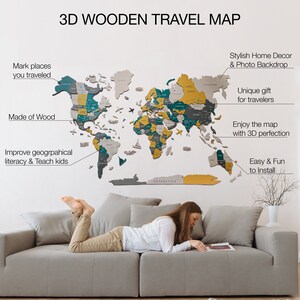 3D WORLD MAP WALL Art, Traveler Gift Inspirational Wall Art, World Map ...