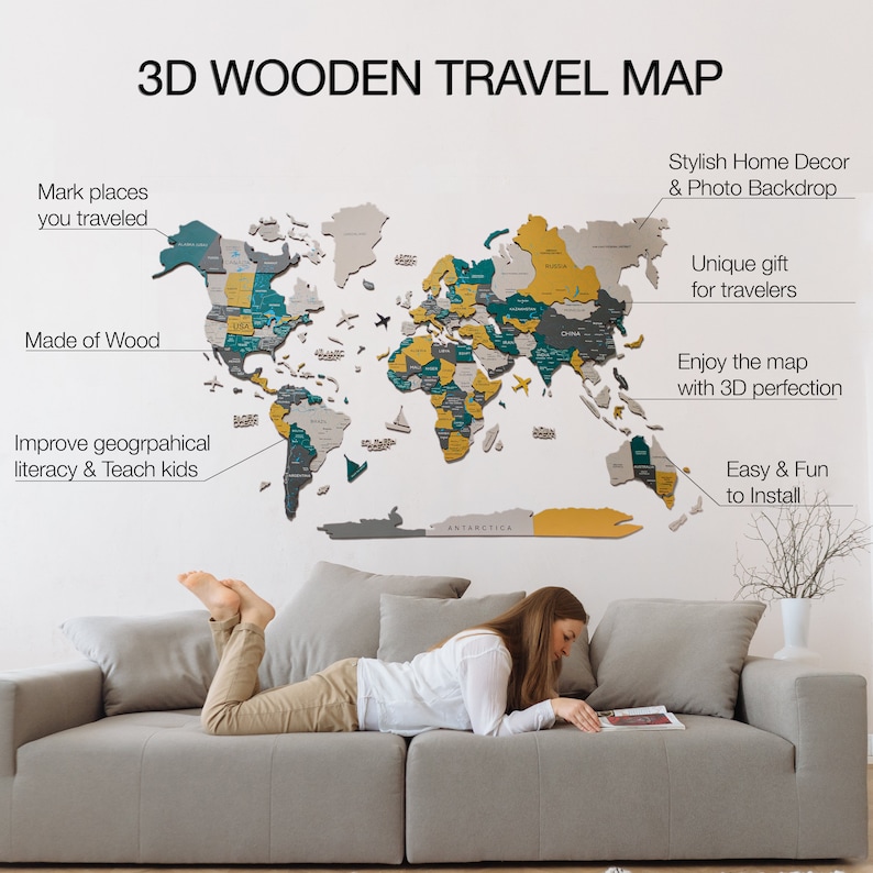BIG DETAILED MAP 3D Wood World Map Interactive Wall Art With - Etsy