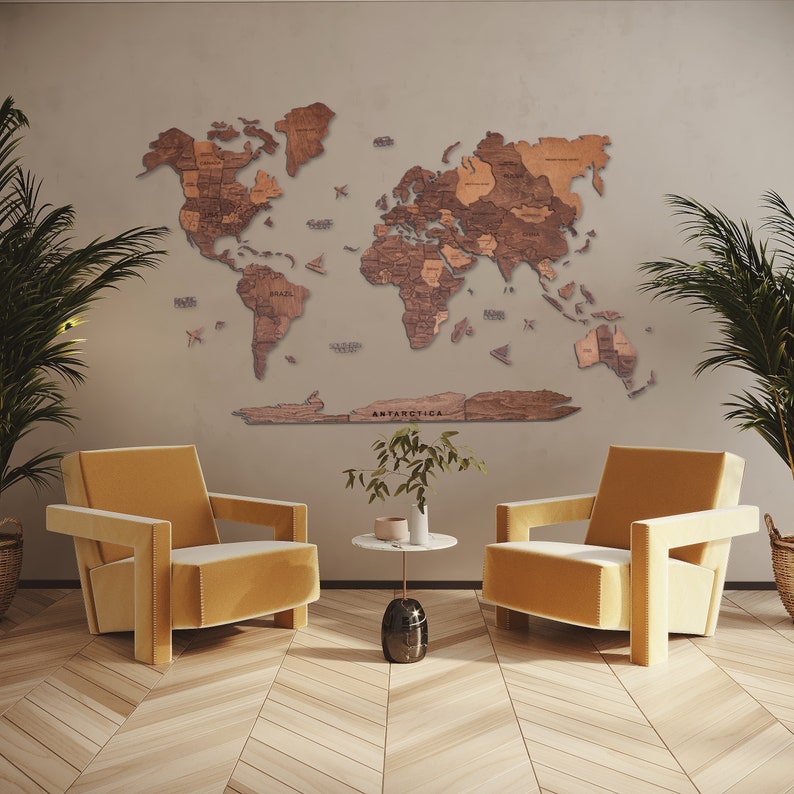 3D Wood World Map Wall Art Modern Home Living Room Decor - Etsy