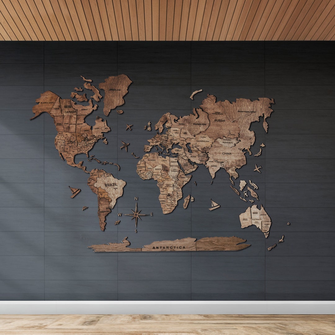 3D Wood World Map Wall Art Modern Home Living Room Decor - Etsy