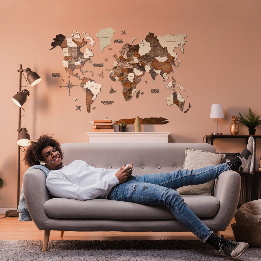 Gift for Traveler Man WORLD MAP Push Pin Wooden Wall Art Gift Large ...