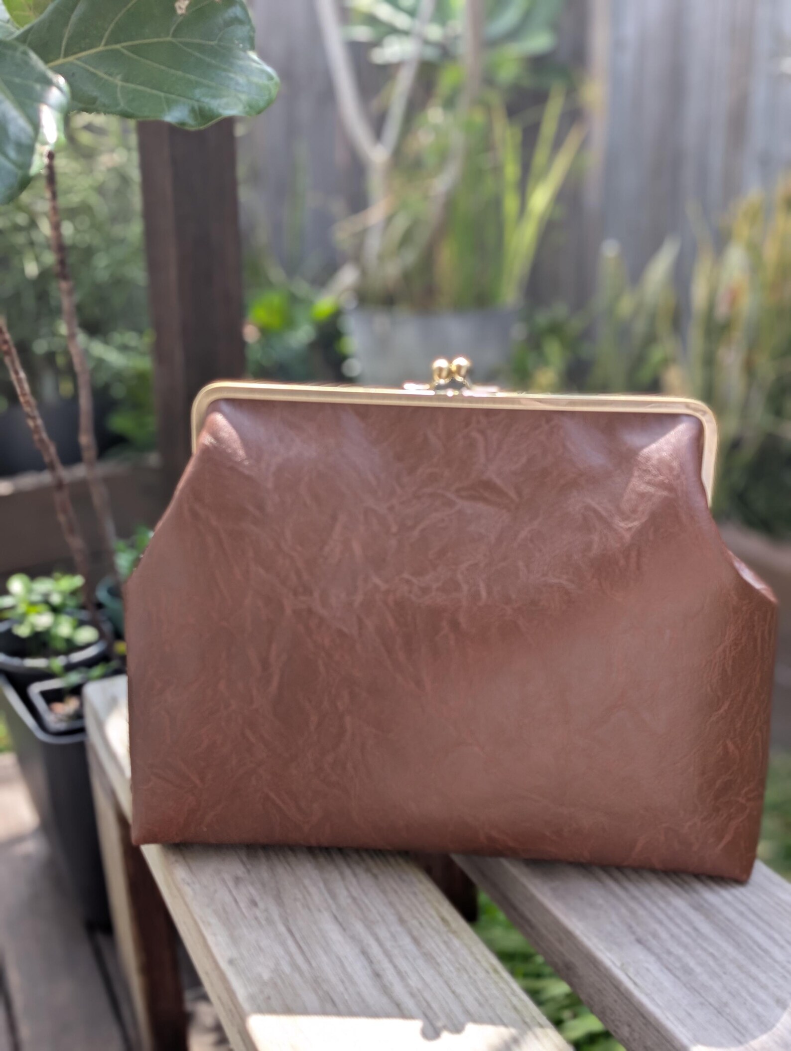 Oversized Brown Kisslock Bag- XXL Faux Leather Clutch, Large Frame Hand ...